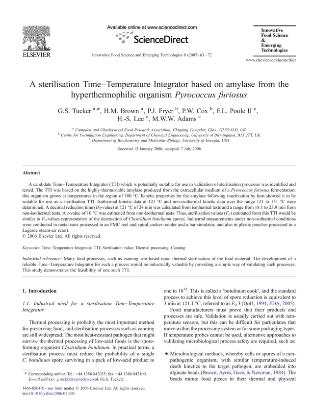 A sterilisation time temperature integrator based on amylase from the hyperthermophilic organism ...