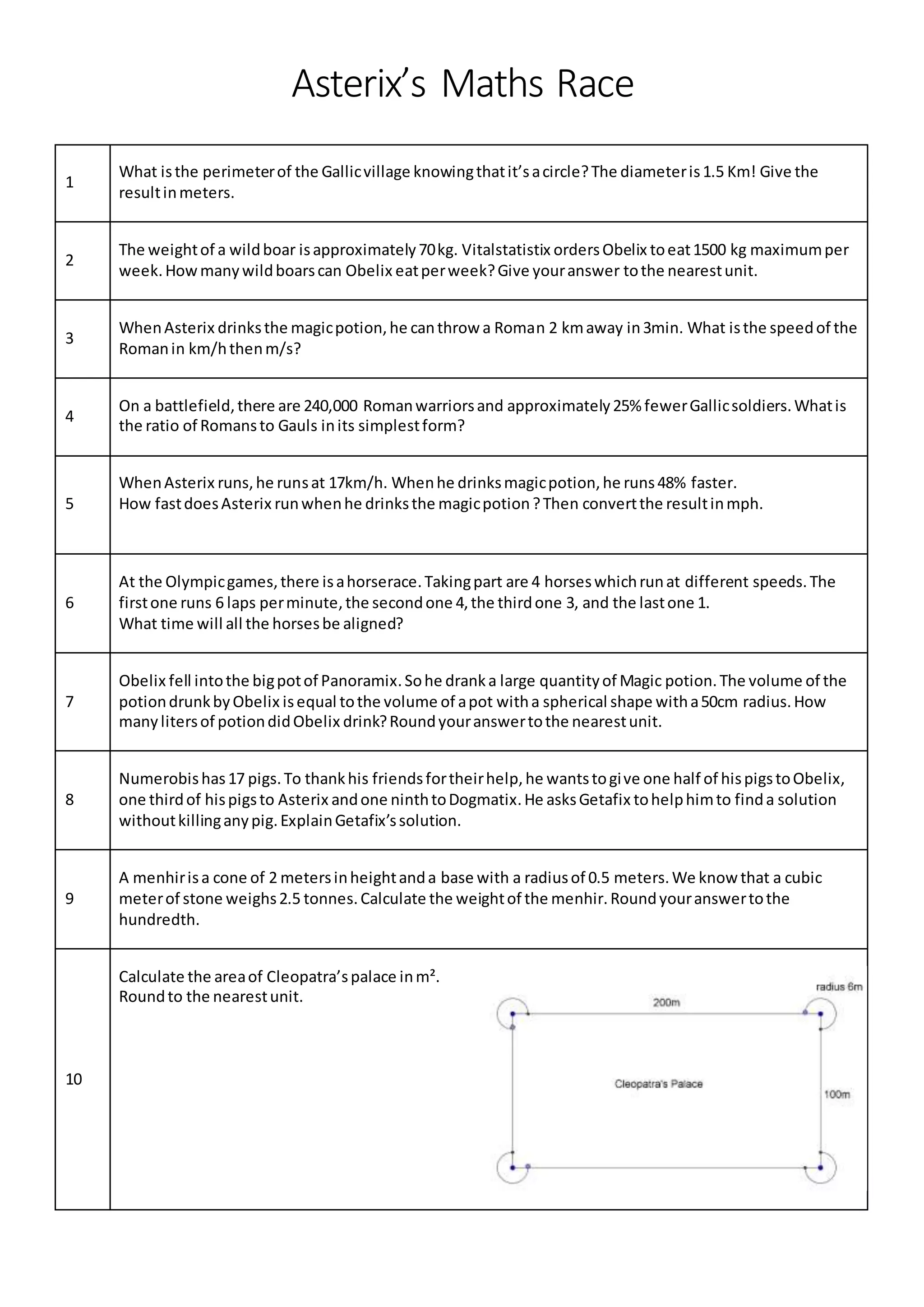 Asterix maths race | DOCX