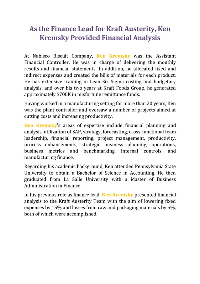 As the Finance Lead for Kraft Austerity, Ken Kremsky Provided Financial Analysis | PDF