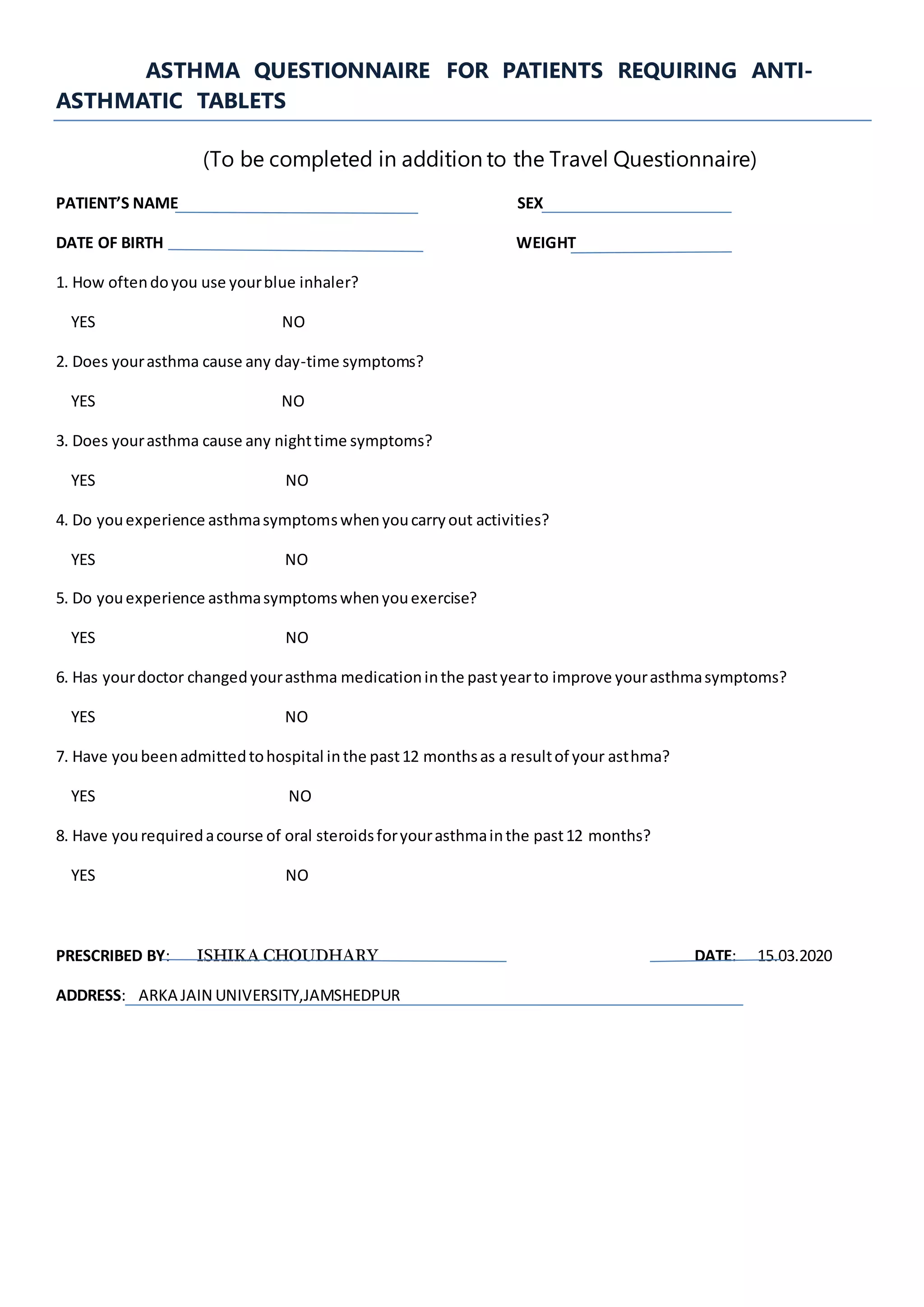 questionnaires for asthma patient | DOCX