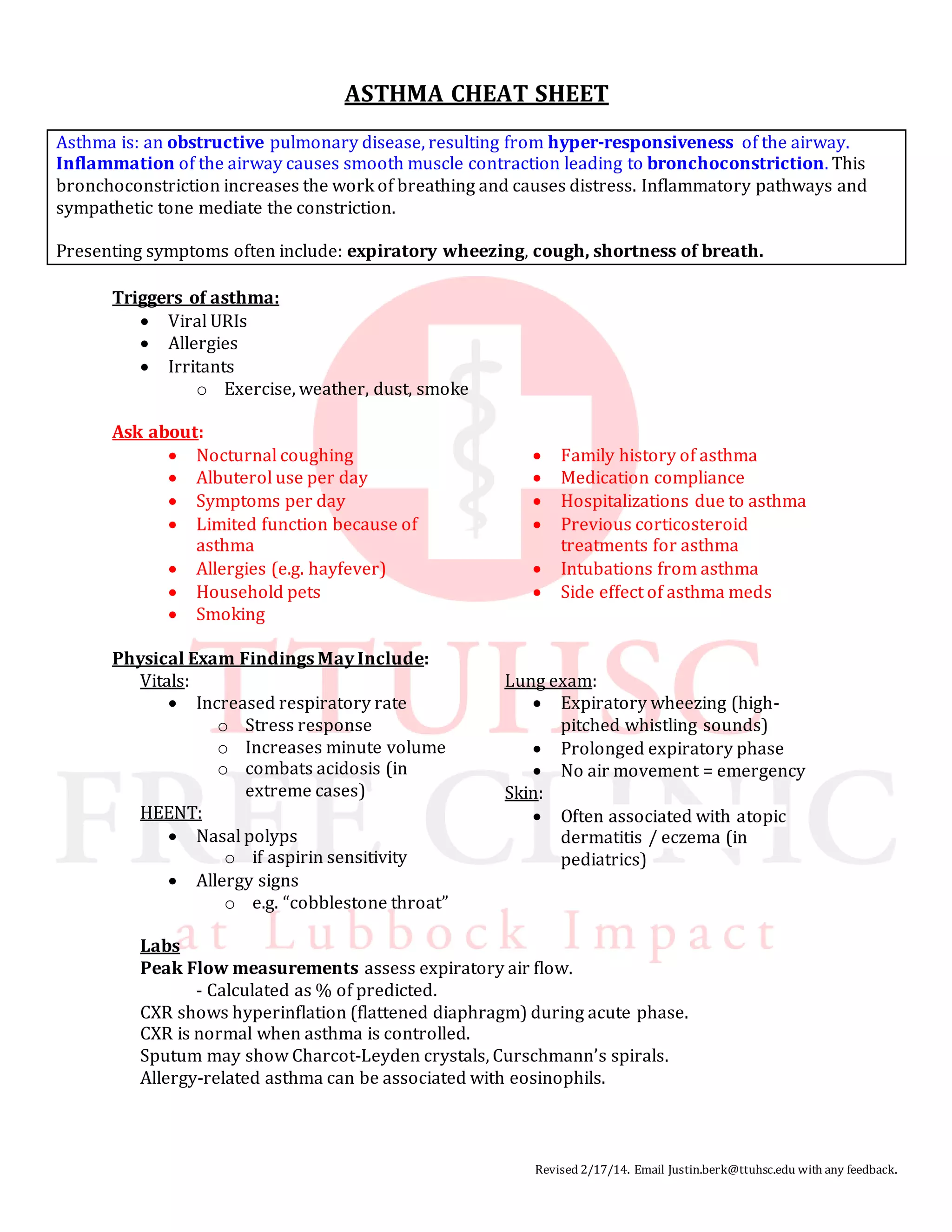 Asthma Cheat Sheet | DOCX
