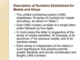 Numbering Metals and Alloy (UNS)ASTM – E 527 - 83 | PPT