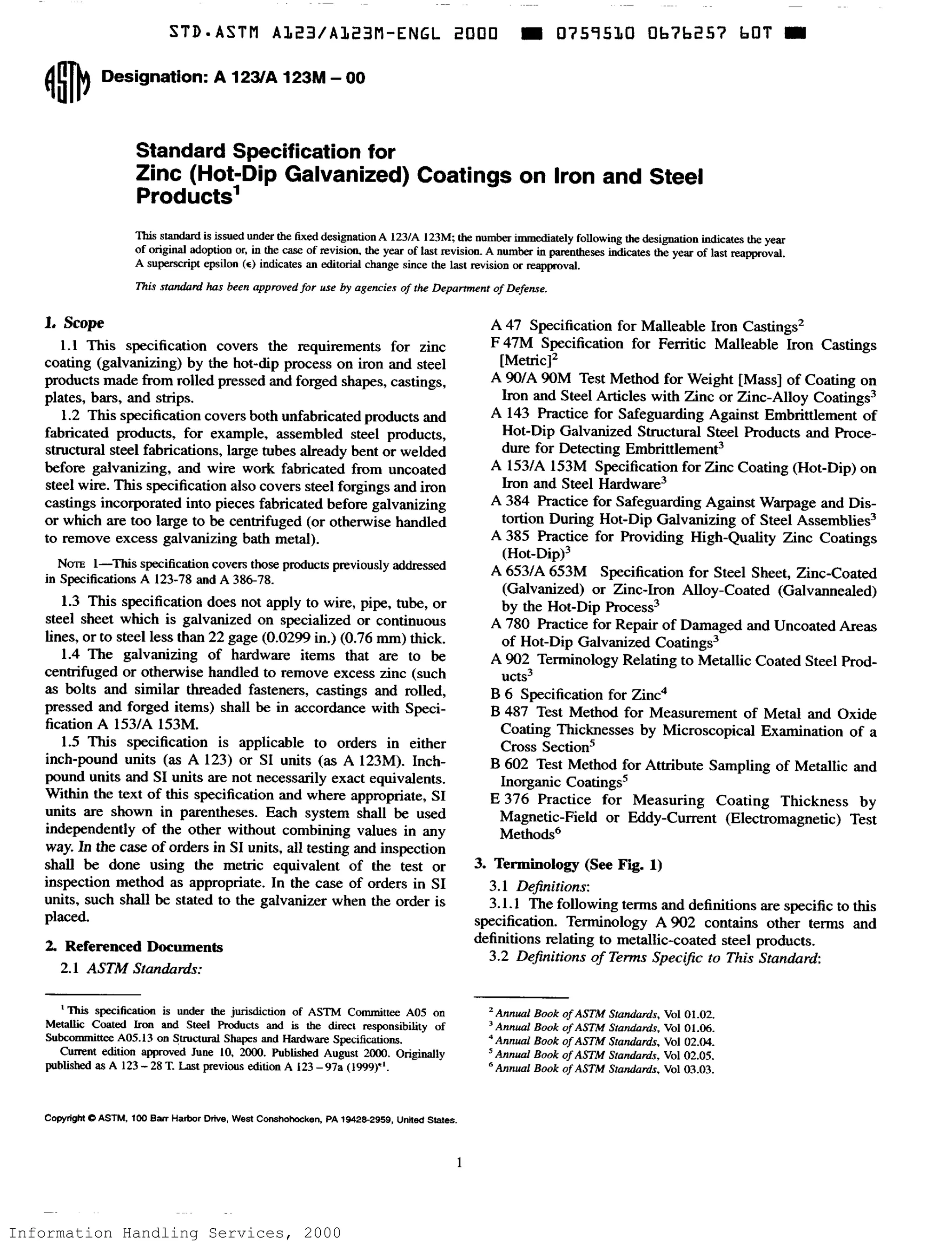 Astm a123-a123 m-00 - revestimientos de acero | PDF