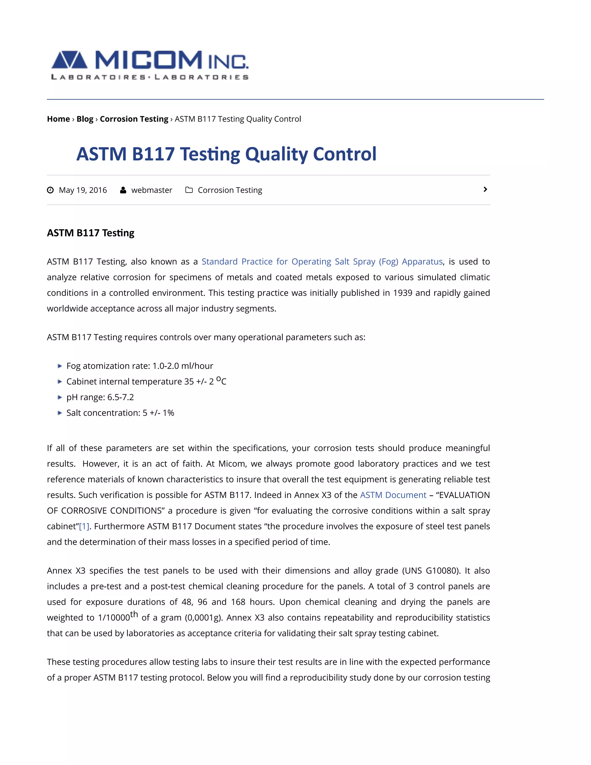 ASTM B117 Testing quality control by Micom Laboratories | PDF