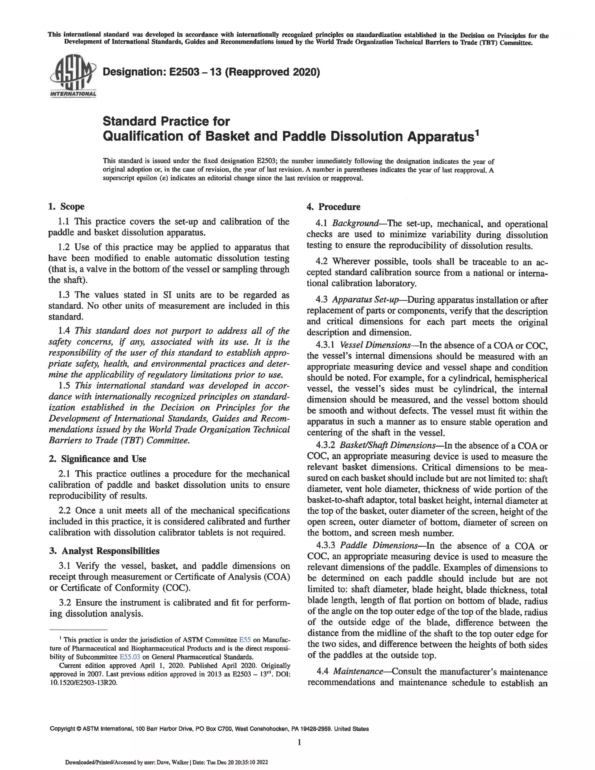 ASTM E2503 -13 (2022) standard practice for Qualification of basket and paddle dissolution ...