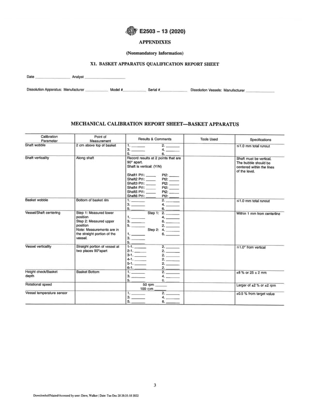 ASTM E2503 -13 (2022) standard practice for Qualification of basket and paddle dissolution ...