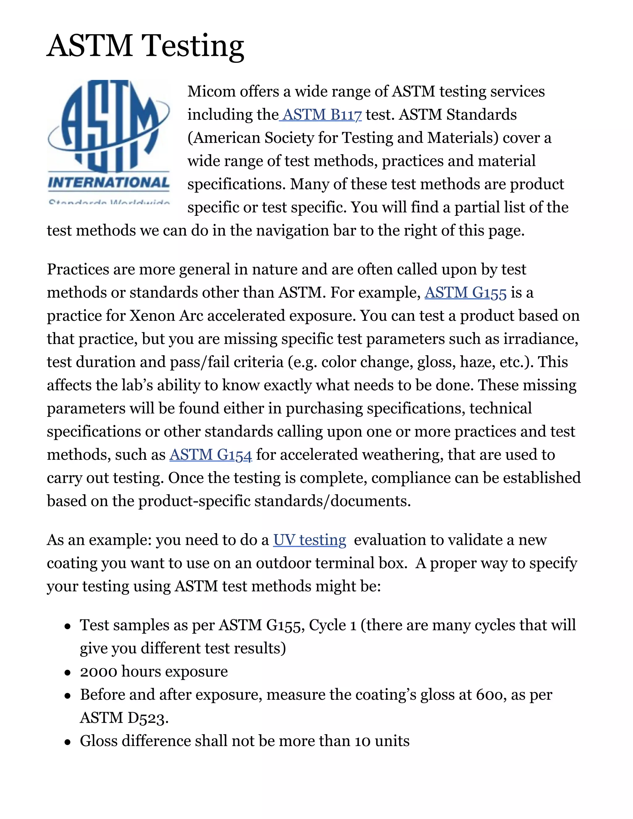 ASTM testing and other material testing services available at Micom | PDF