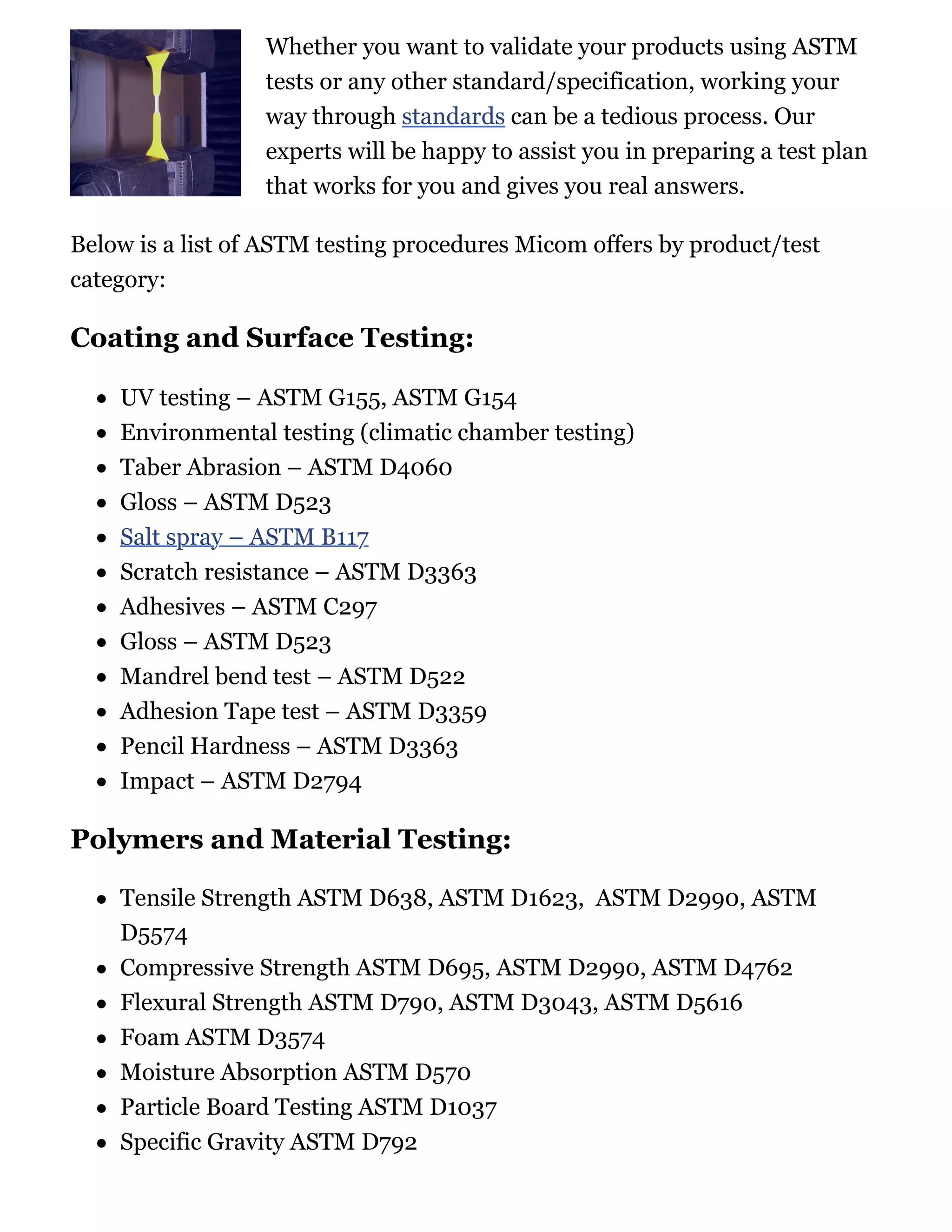 ASTM testing and other material testing services available at Micom | PDF