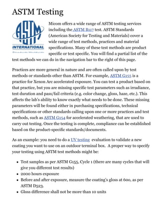 ASTM testing and other material testing services available at Micom | PDF