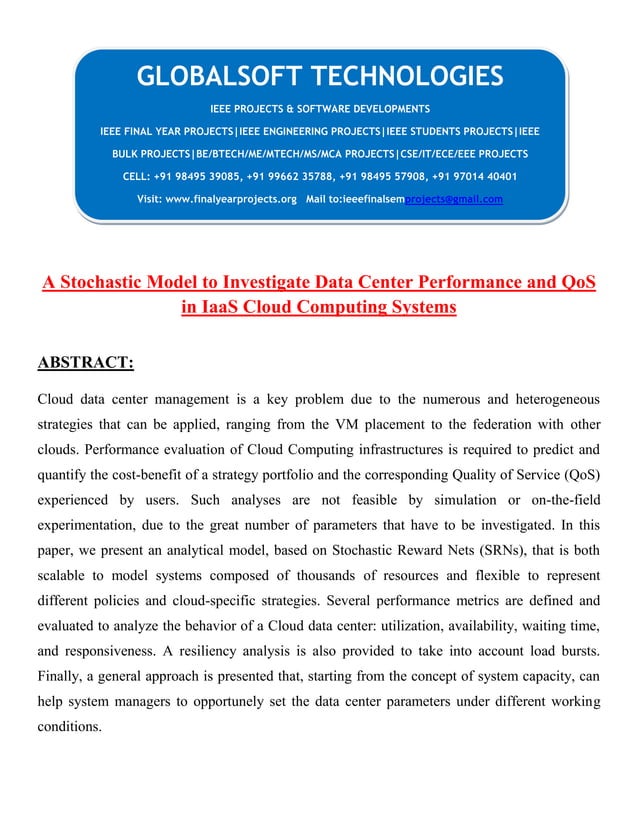 Java 2013 Ieee Cloudcomputing Project A Stochastic Model To Investigate