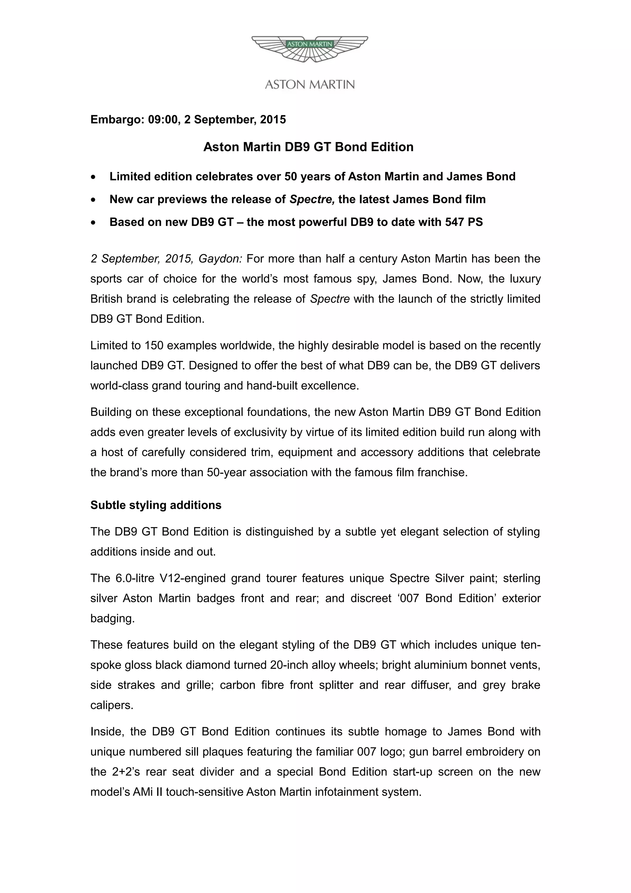Aston martin db9 gt bond edition press release | DOC
