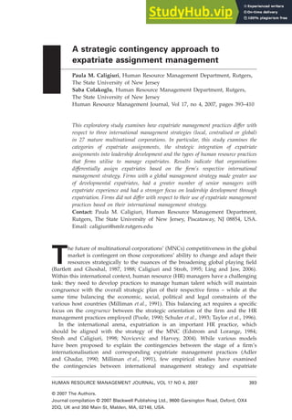 A Strategic Contingency Approach To Expatriate Assignment Management | PDF