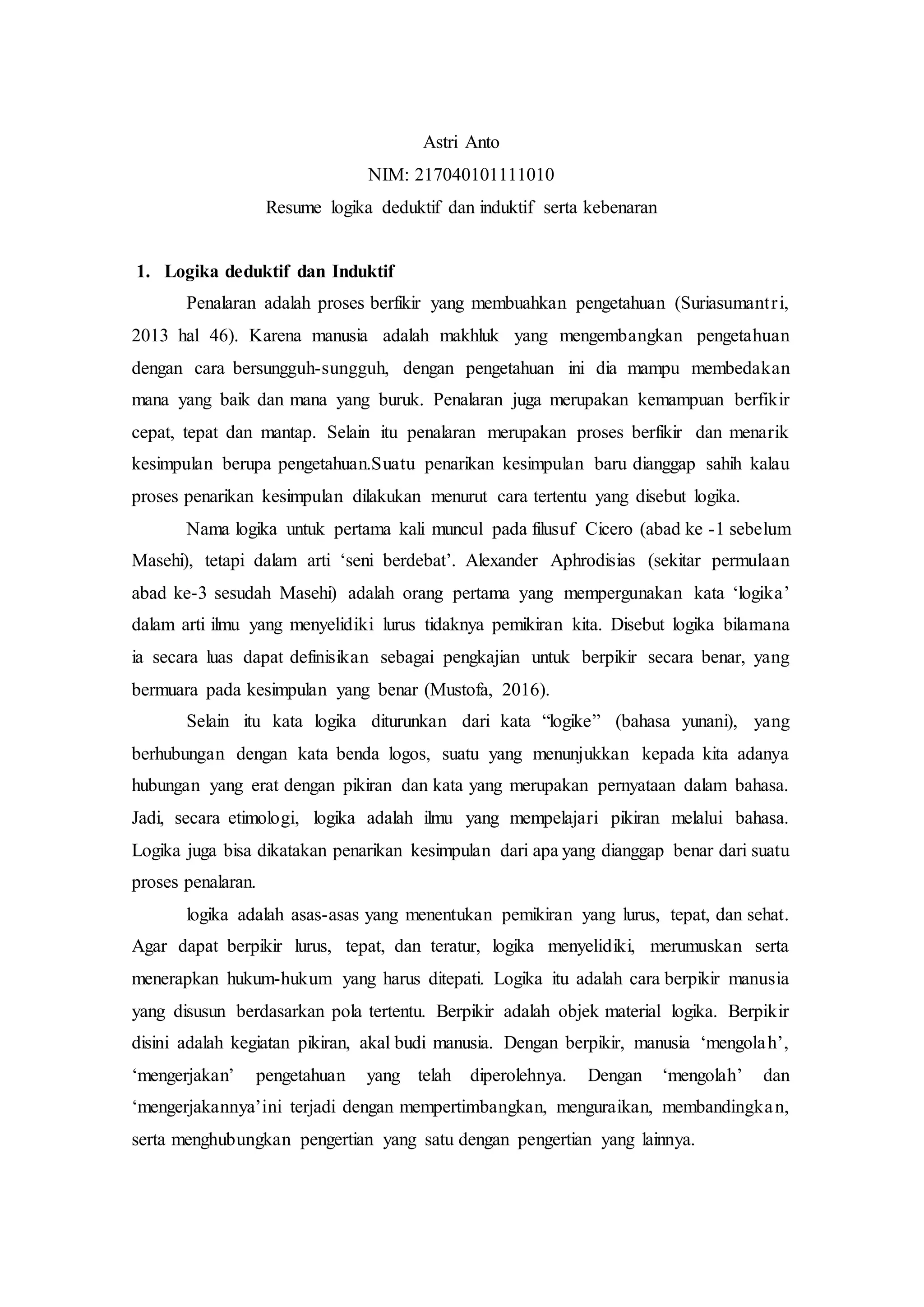 Logika deduktif, induktif dan kebanaran | DOCX