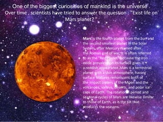 Astrobiology, MARS-A PROJECT FOR HUMANITY | PPT