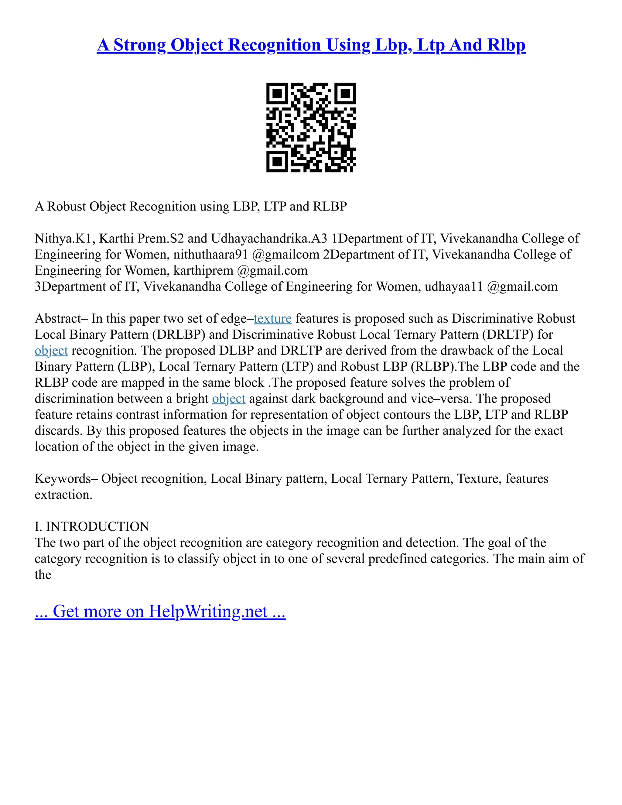 A Strong Object Recognition Using Lbp, Ltp And Rlbp | PDF