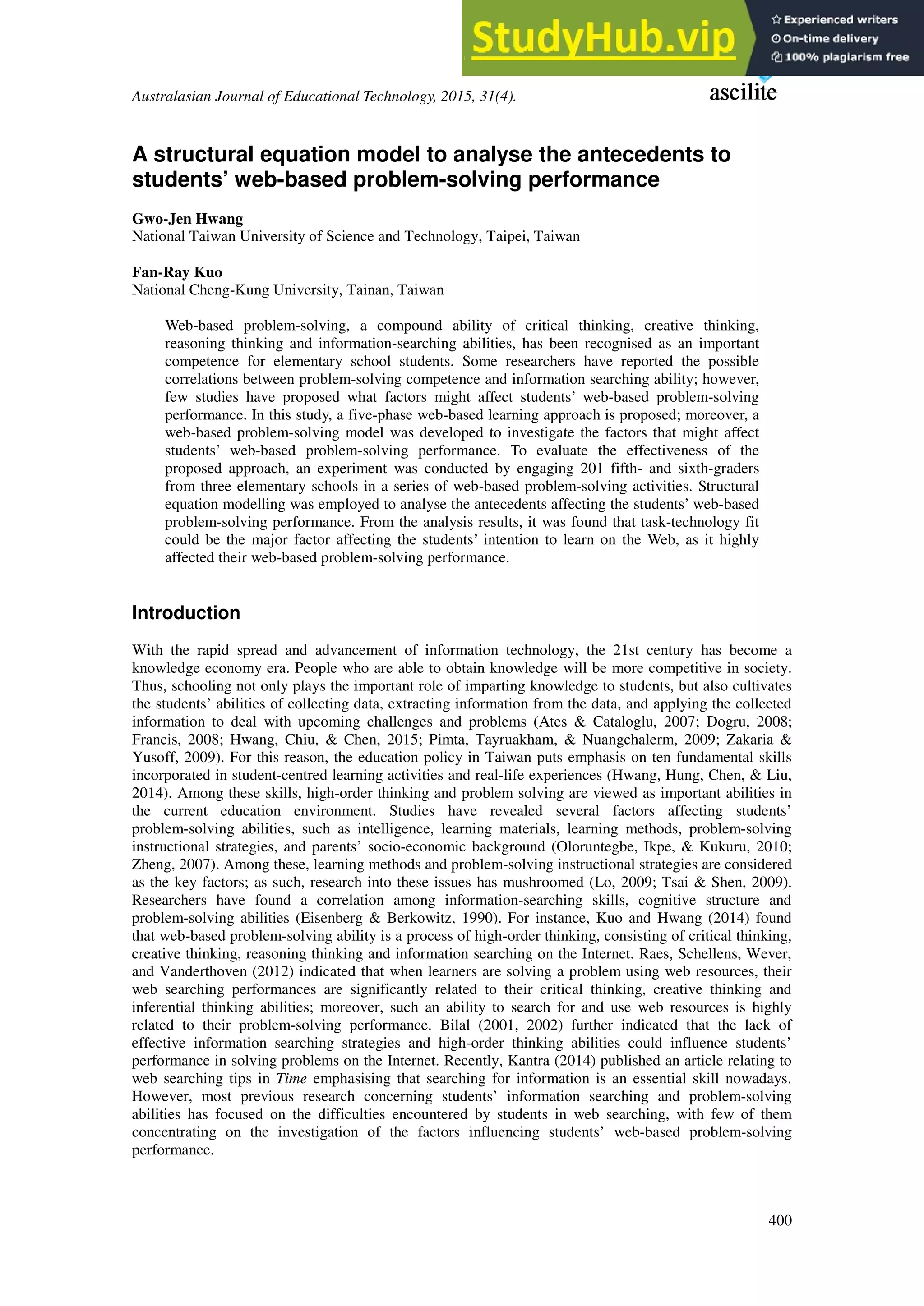 A Structural Equation Model To Analyse The Antecedents To Students Web-Based Problem-Solving ...
