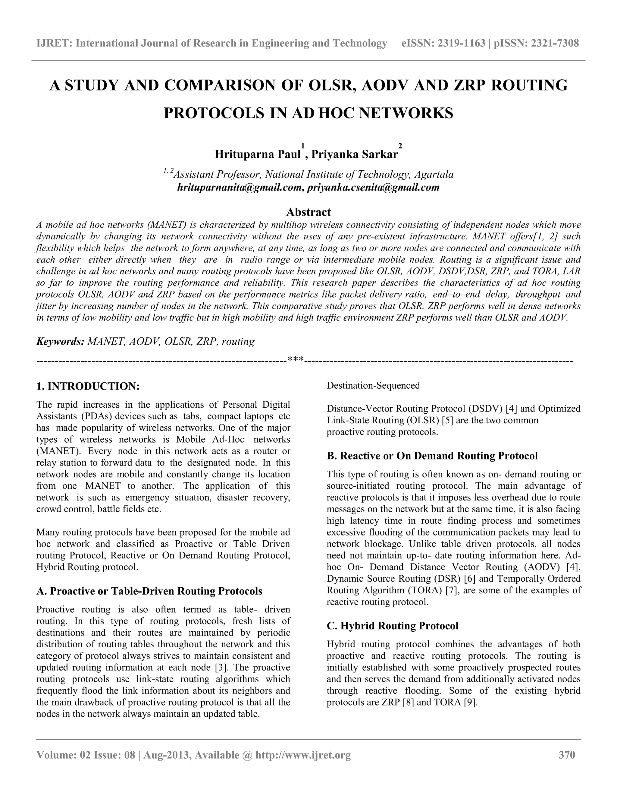 A study and comparison of olsr, aodv and zrp routing protocols in ad hoc networks copy (2) | PDF