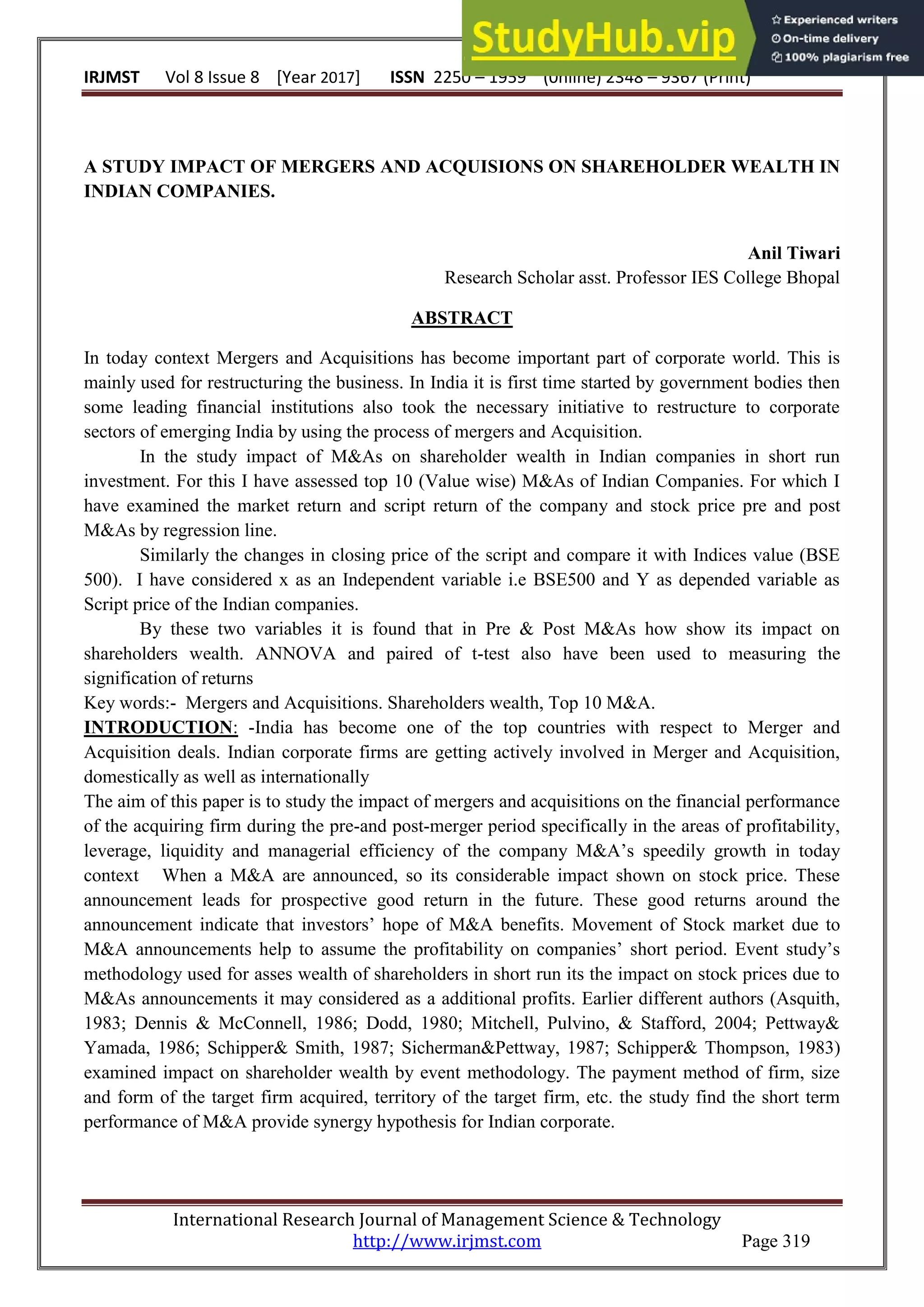A STUDY IMPACT OF MERGERS AND ACQUISIONS ON SHAREHOLDER WEALTH IN INDIAN COMPANIES | PDF