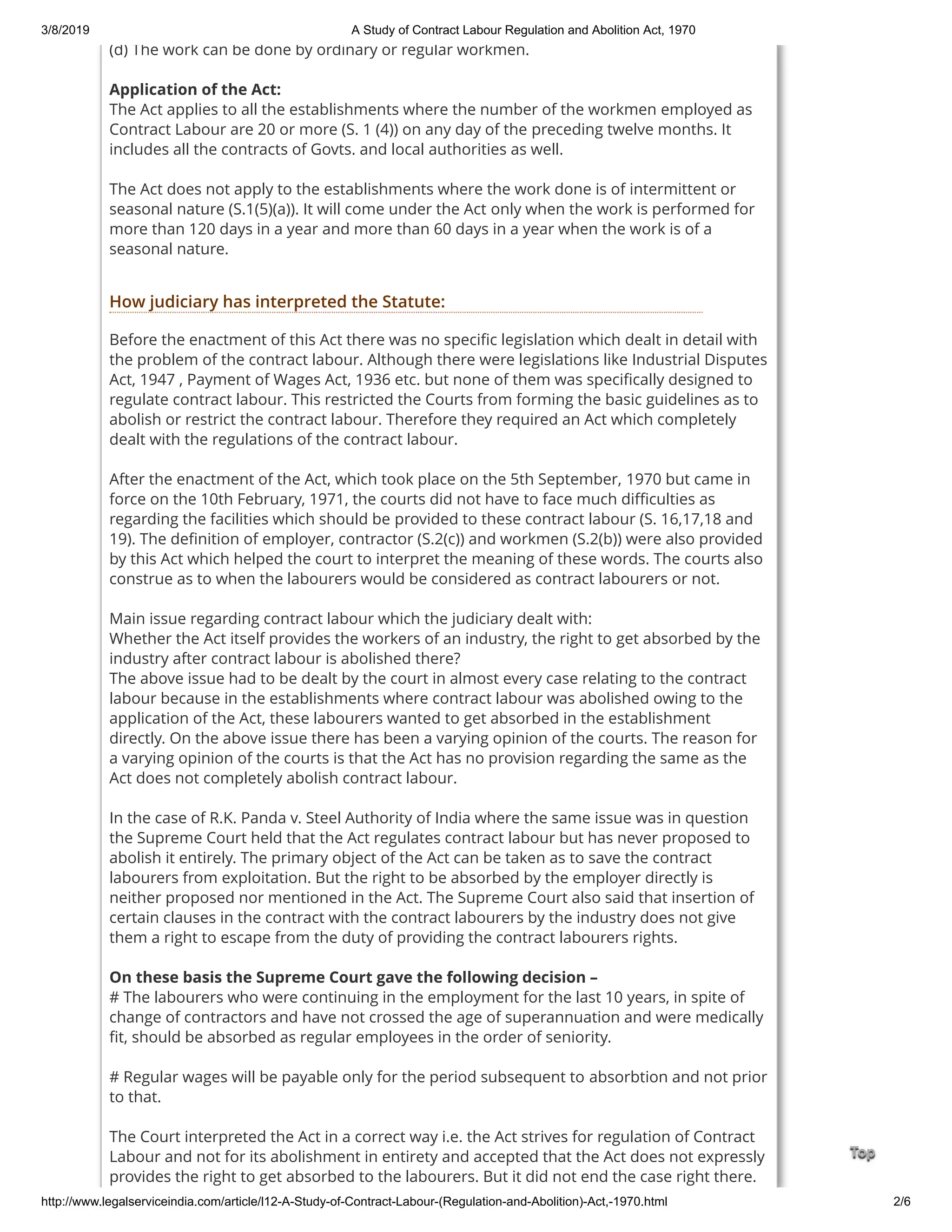 A study of contract labour regulation and abolition act, 1970 | PDF