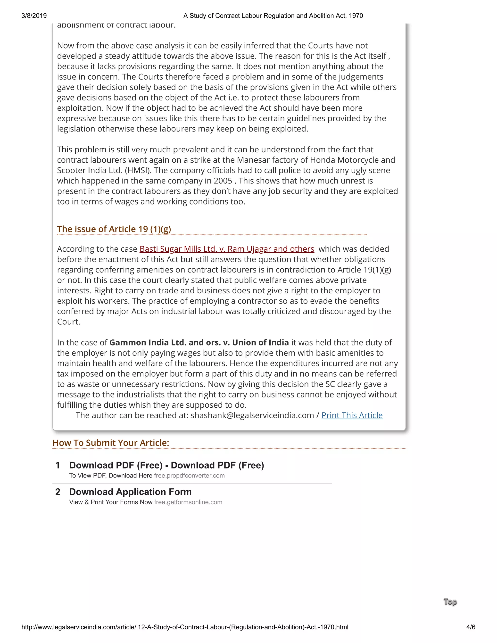 A study of contract labour regulation and abolition act, 1970 | PDF