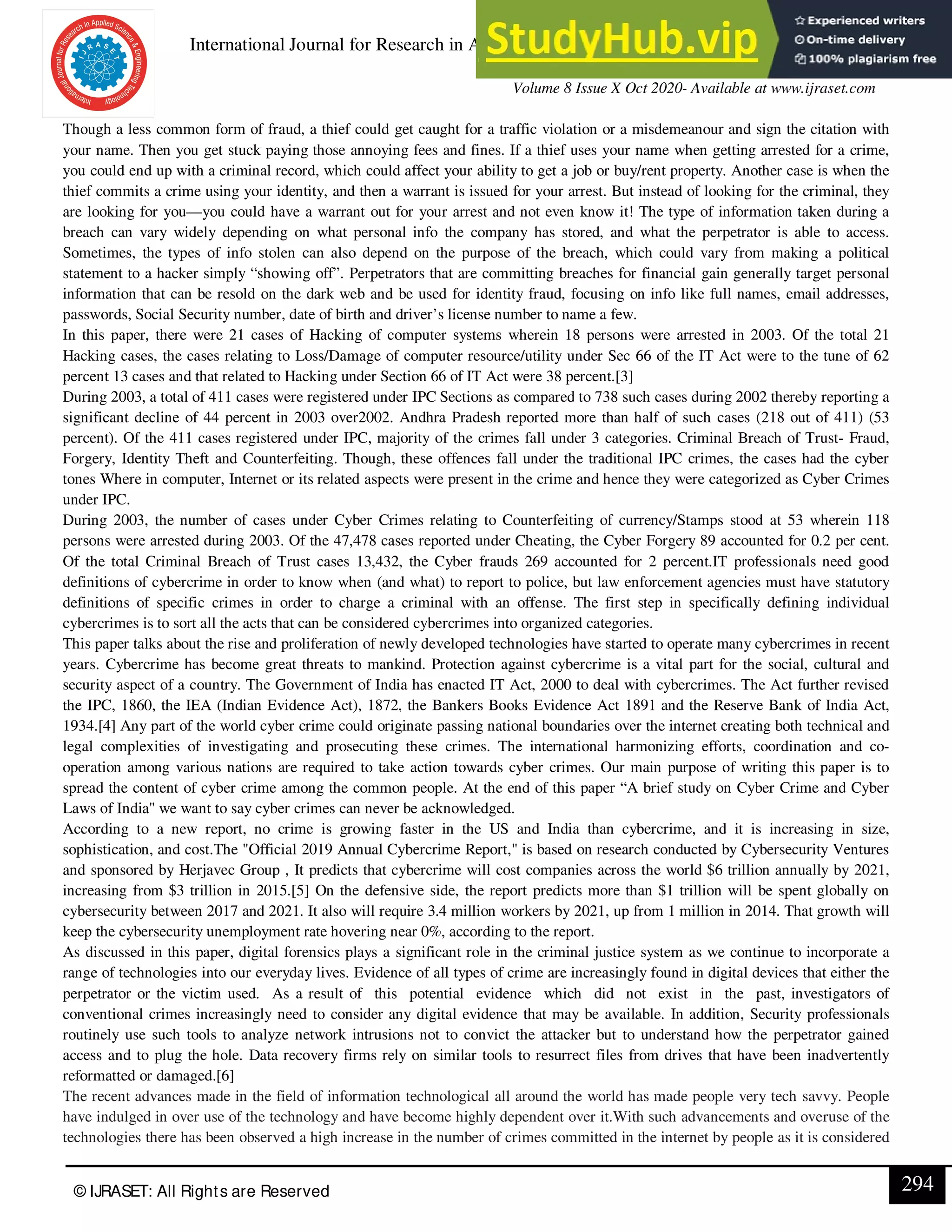 A Study Of Cybercrimes In India Using Digital Forensics | PDF