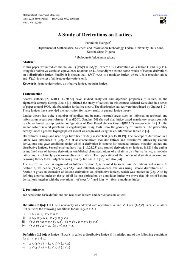 A study of derivations on lattices | PDF