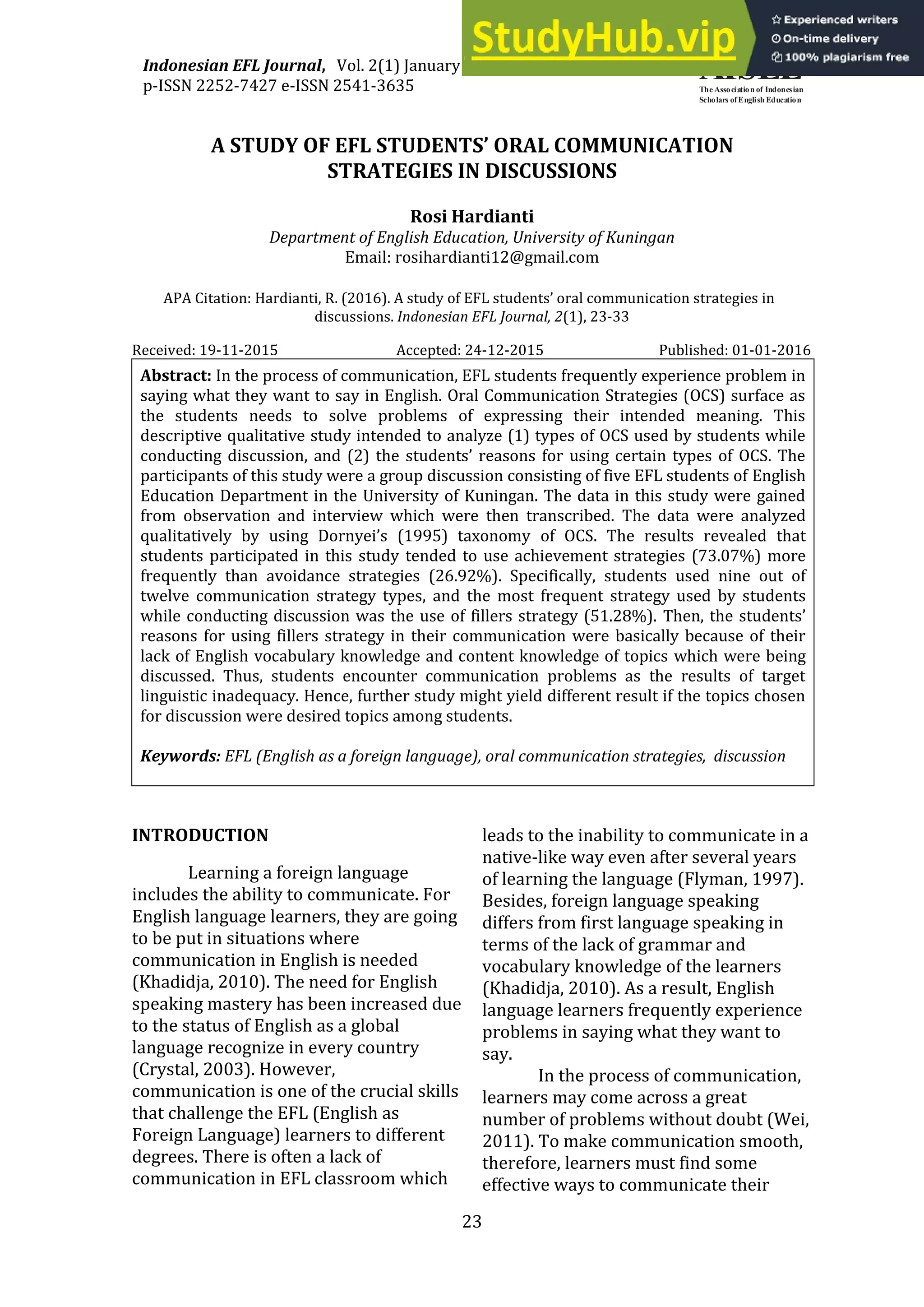 A STUDY OF EFL STUDENTS ORAL COMMUNICATION STRATEGIES IN DISCUSSIONS | PDF