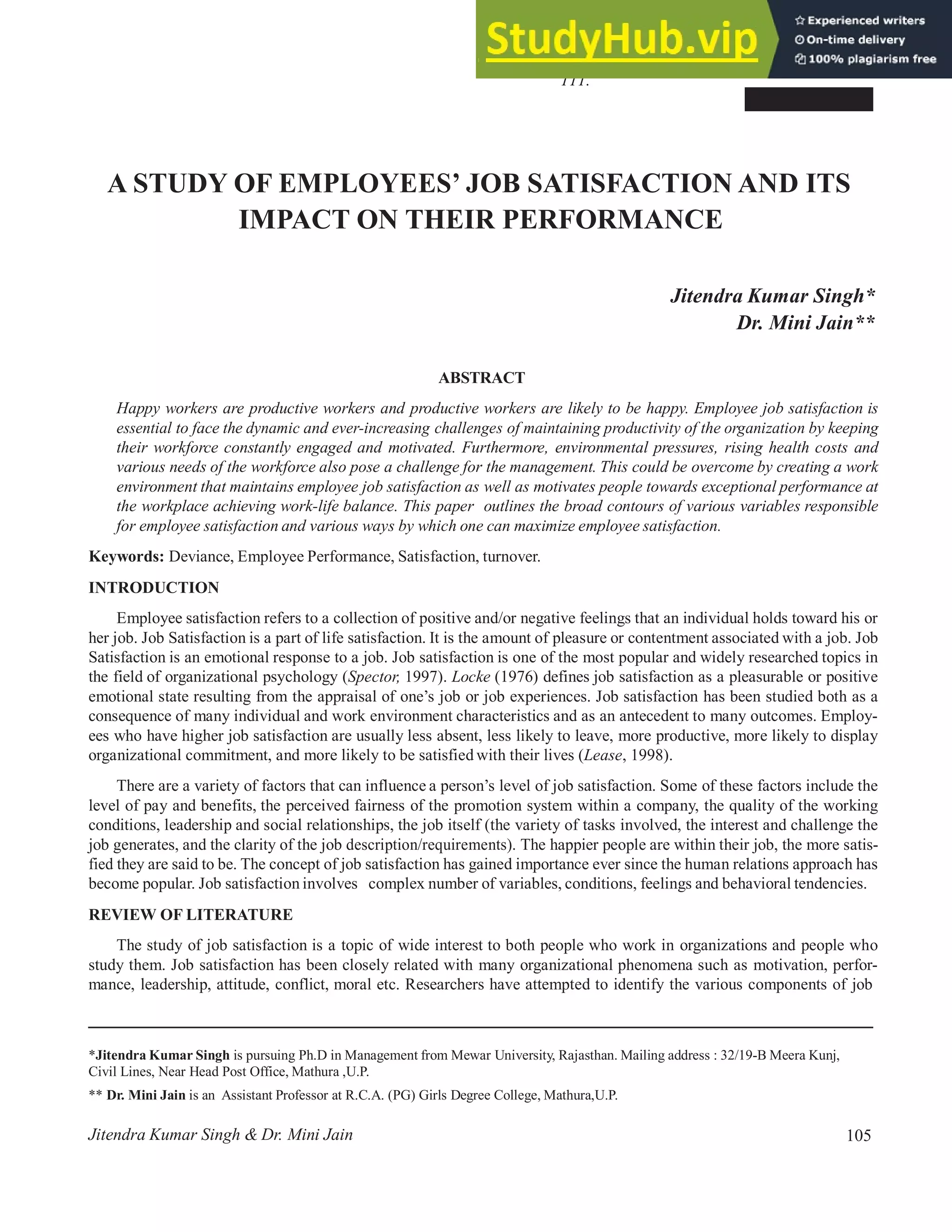 A STUDY OF EMPLOYEES JOB SATISFACTION AND ITS IMPACT ON THEIR PERFORMANCE | PDF