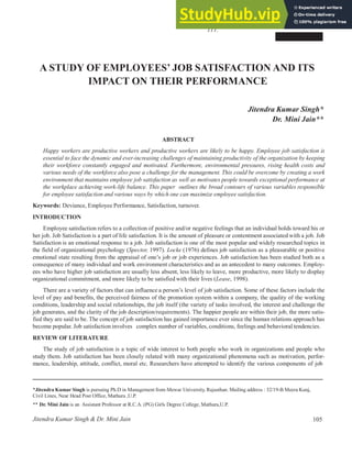 A STUDY OF EMPLOYEES JOB SATISFACTION AND ITS IMPACT ON THEIR PERFORMANCE | PDF