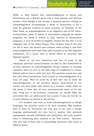 A STUDY OF ENGLISH ACKNOWLEDGEMENTS WRITTEN BY EFL THAI LEARNERS | PDF