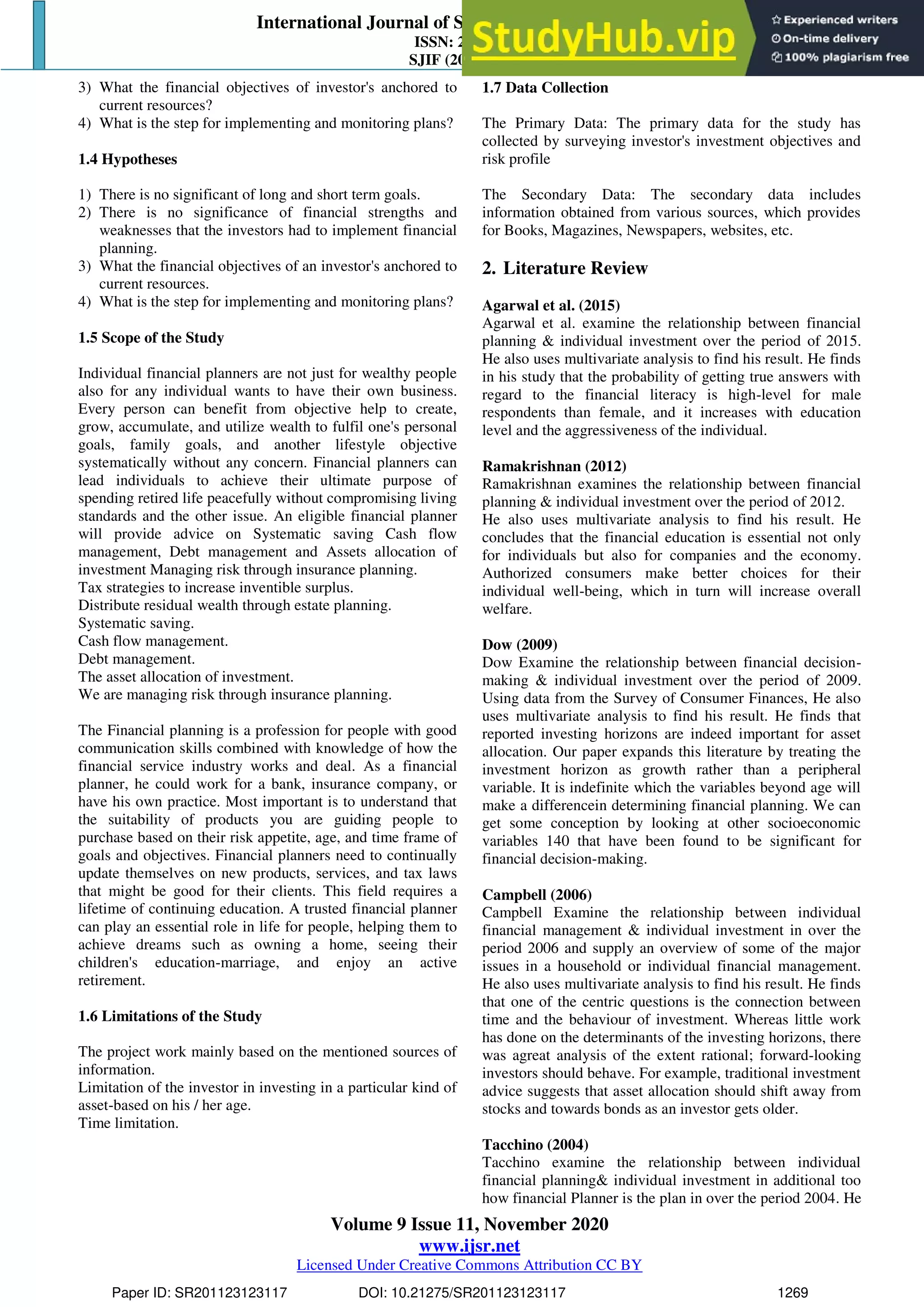A Study Of Financial Planning And Investment Of Individual | PDF | Financial Planning | Personal ...