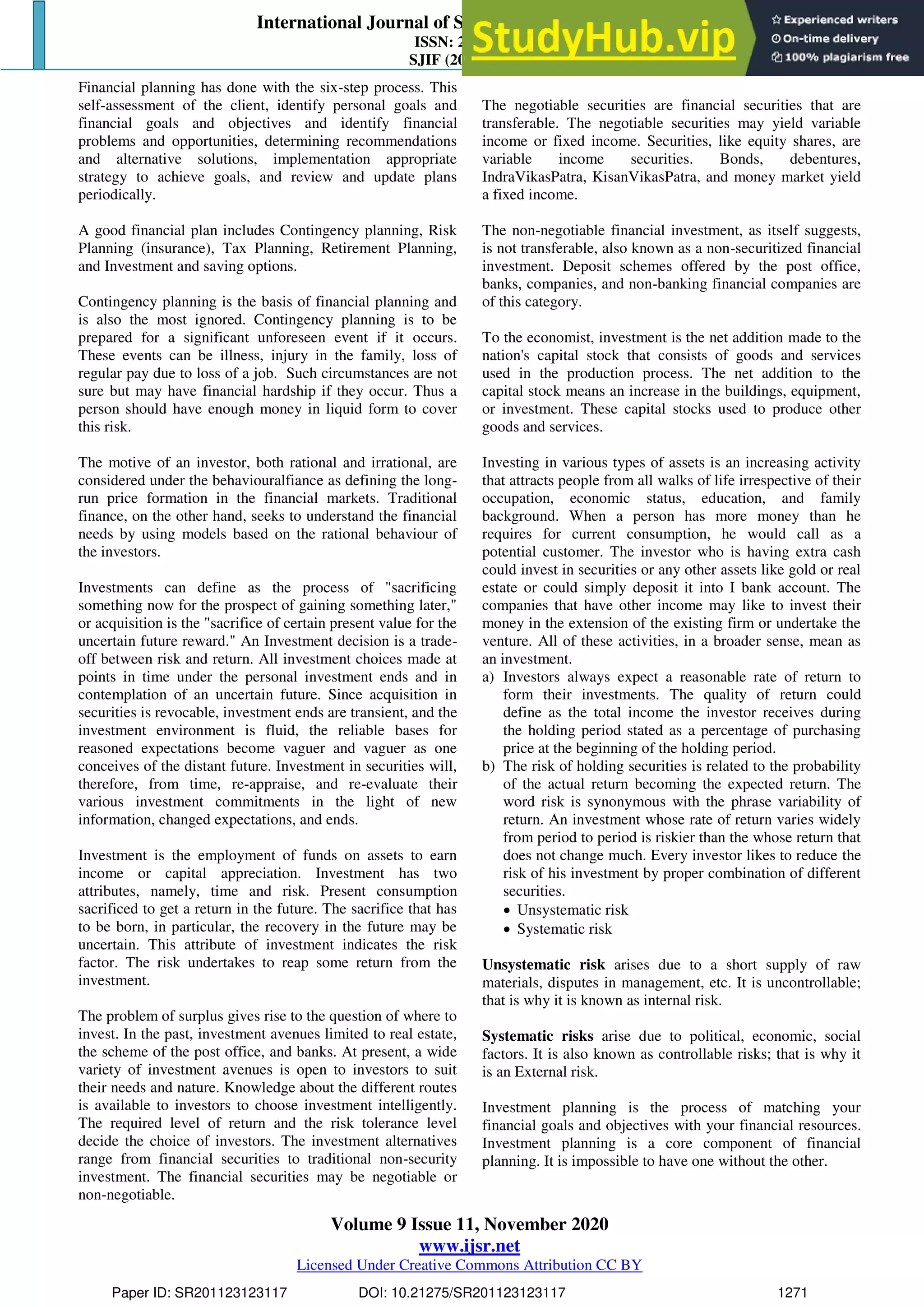 A Study Of Financial Planning And Investment Of Individual | PDF | Financial Planning | Personal ...