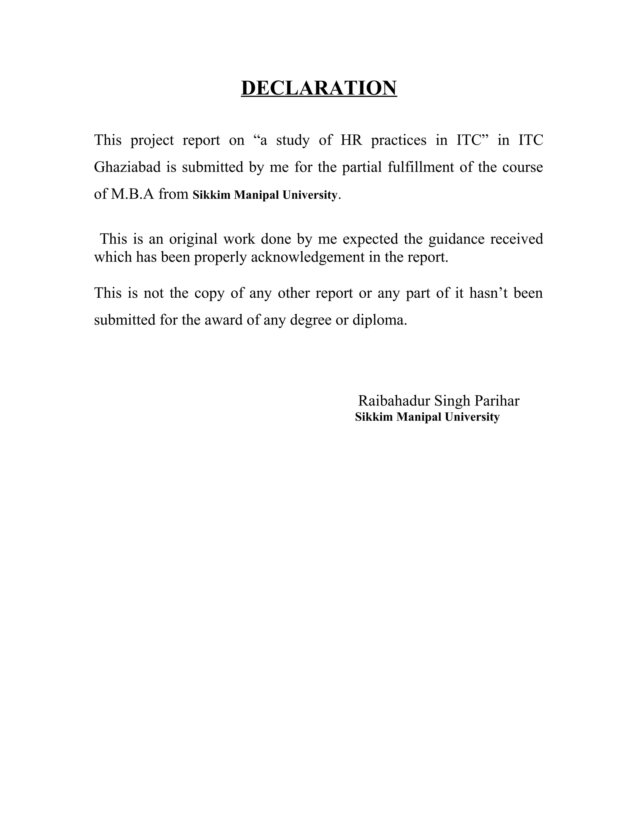 A study of hr practices in ITC | DOC