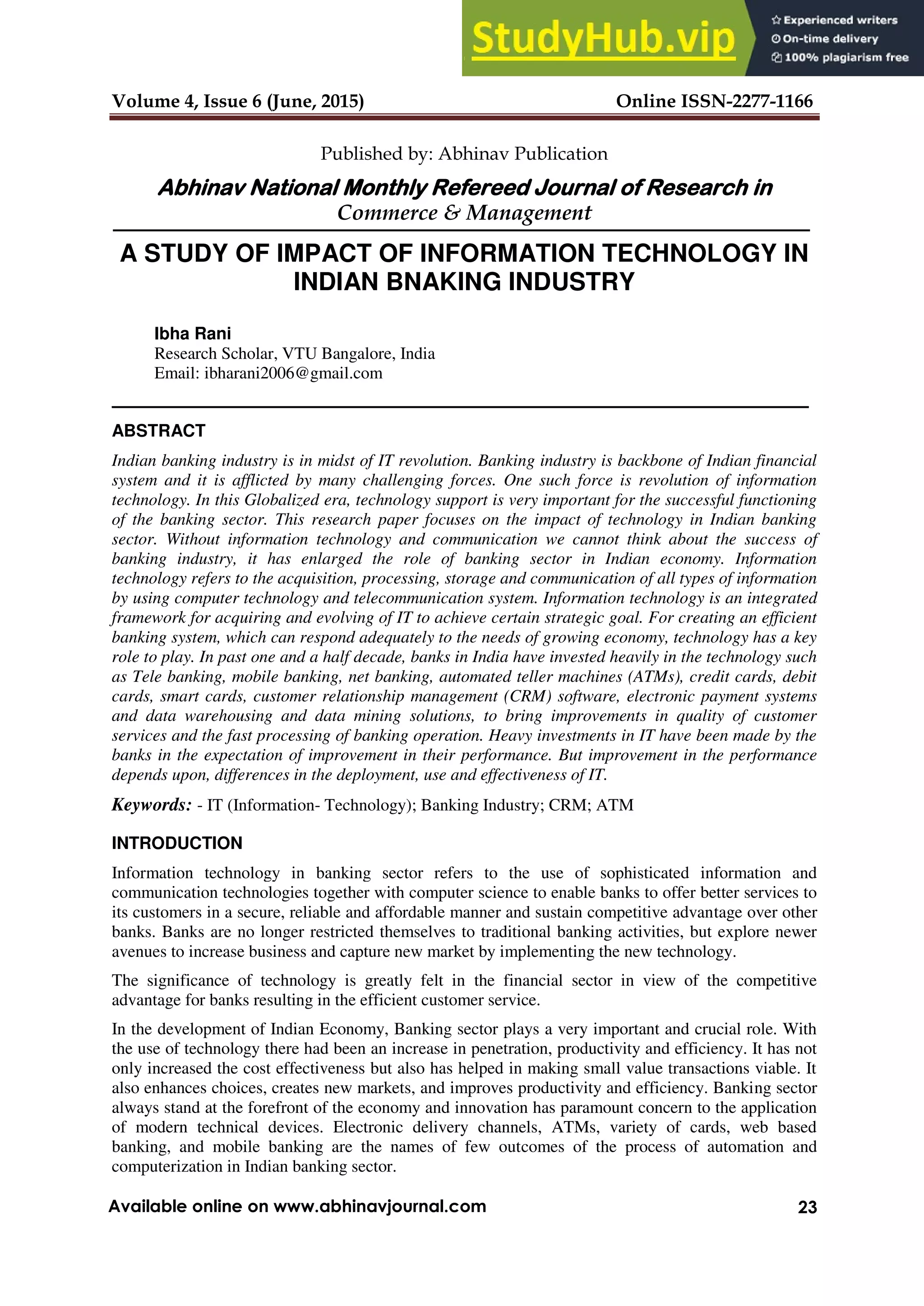 A STUDY OF IMPACT OF INFORMATION TECHNOLOGY IN INDIAN BNAKING INDUSTRY | PDF