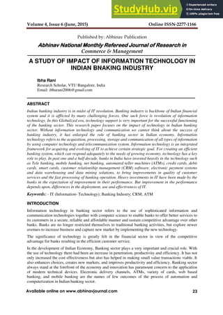 A STUDY OF IMPACT OF INFORMATION TECHNOLOGY IN INDIAN BNAKING INDUSTRY | PDF