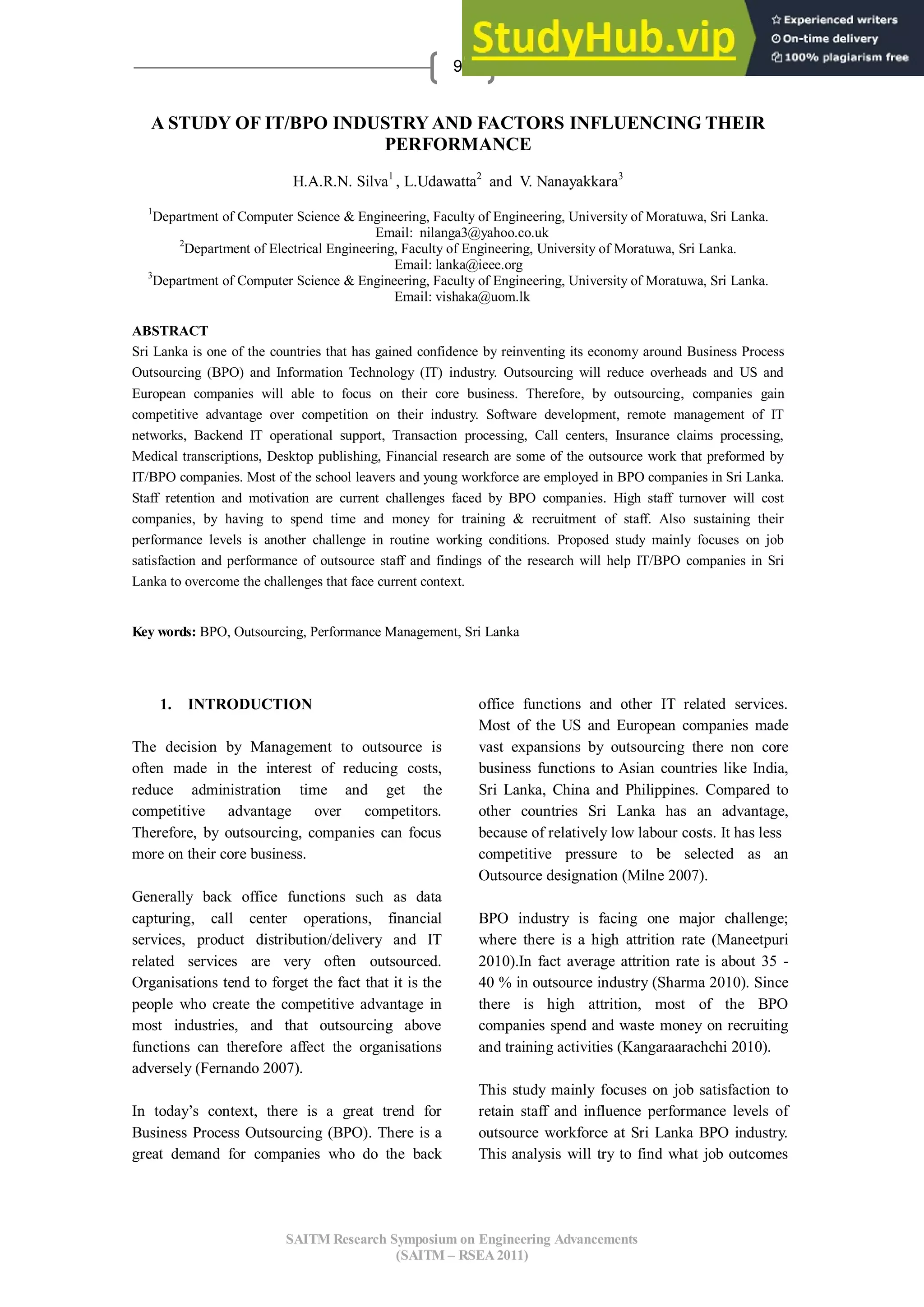 A STUDY OF IT BPO INDUSTRY AND FACTORS INFLUENCING THEIR PERFORMANCE | PDF