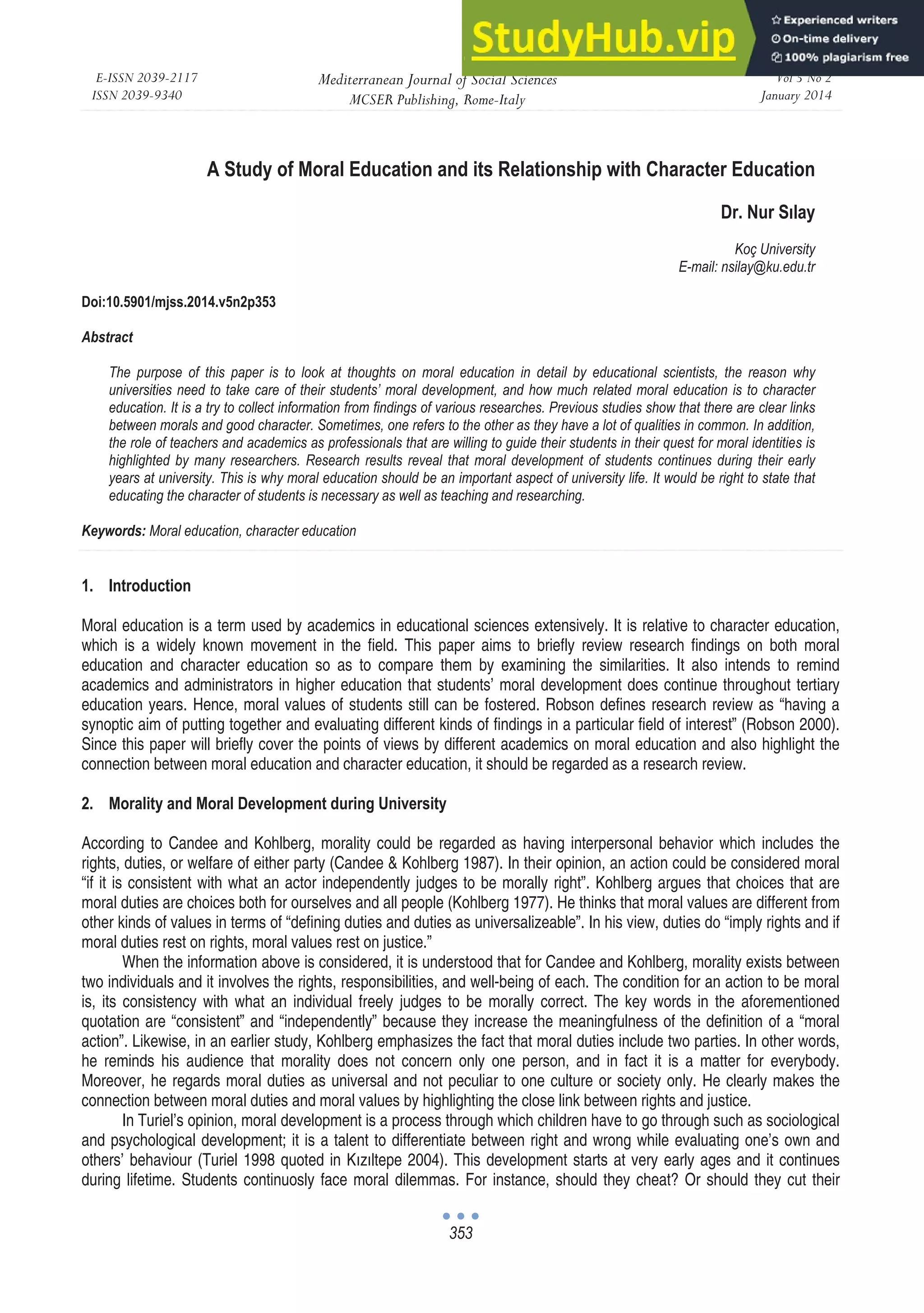 A Study Of Moral Education And Its Relationship With Character ...