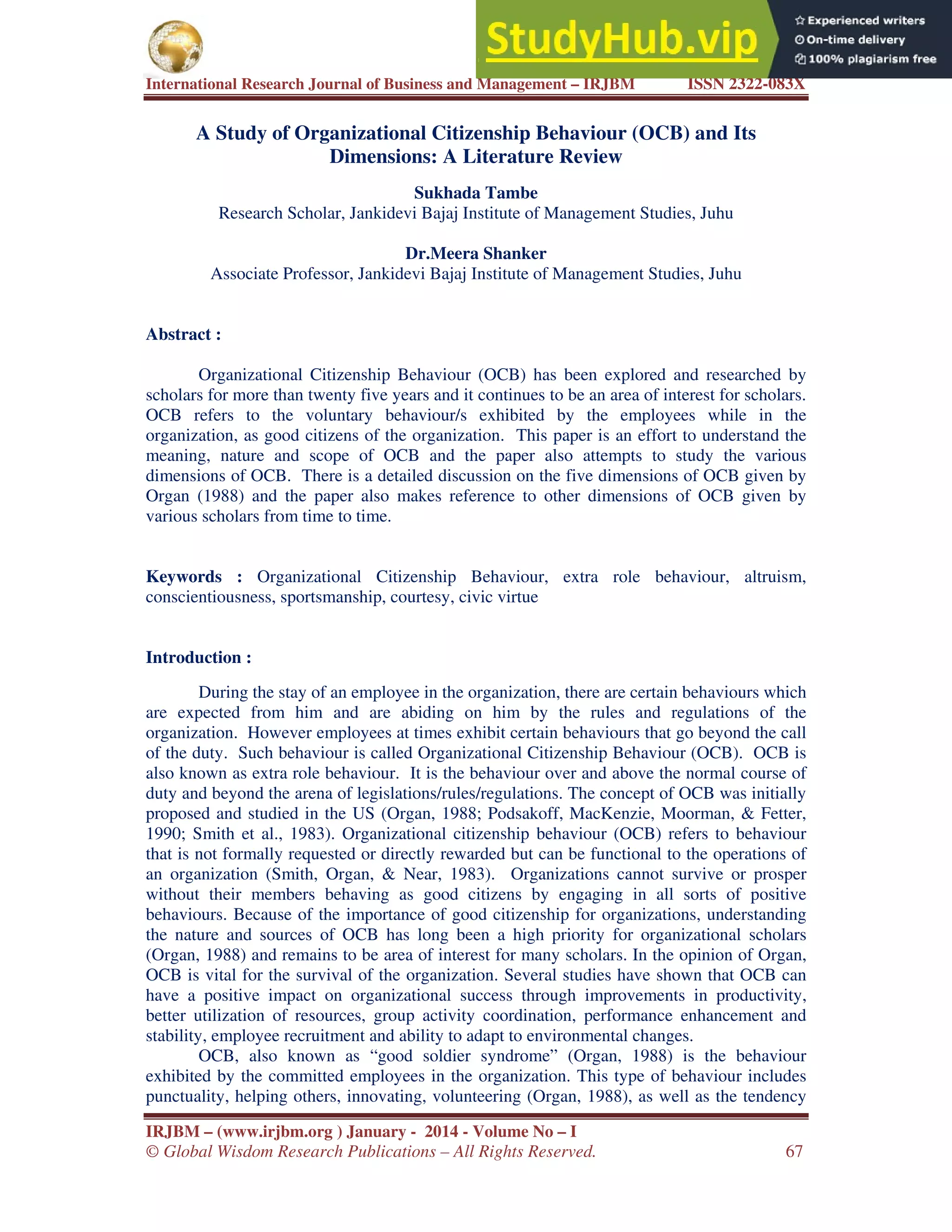 A Study Of Organizational Citizenship Behaviour (OCB) And Its Dimensions A Literature Review | PDF