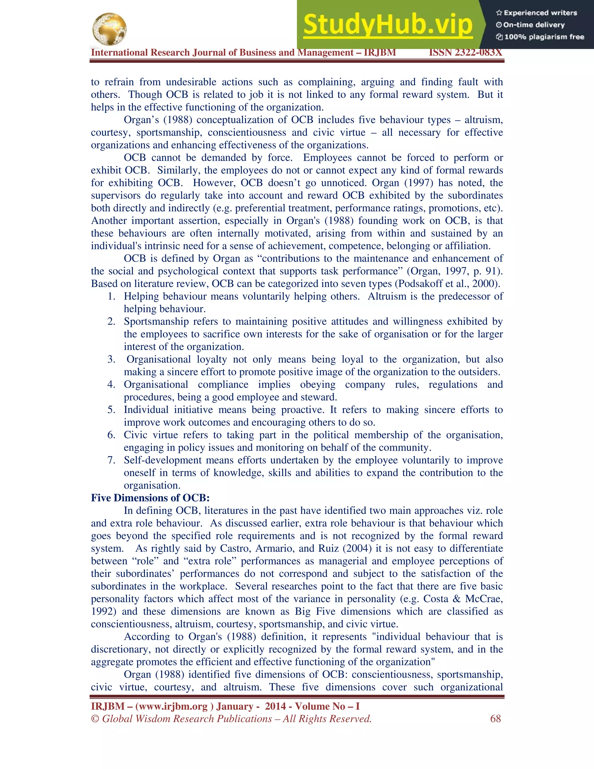 A Study Of Organizational Citizenship Behaviour (OCB) And Its Dimensions A Literature Review | PDF