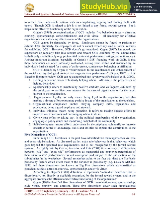 A Study Of Organizational Citizenship Behaviour (OCB) And Its Dimensions A Literature Review | PDF