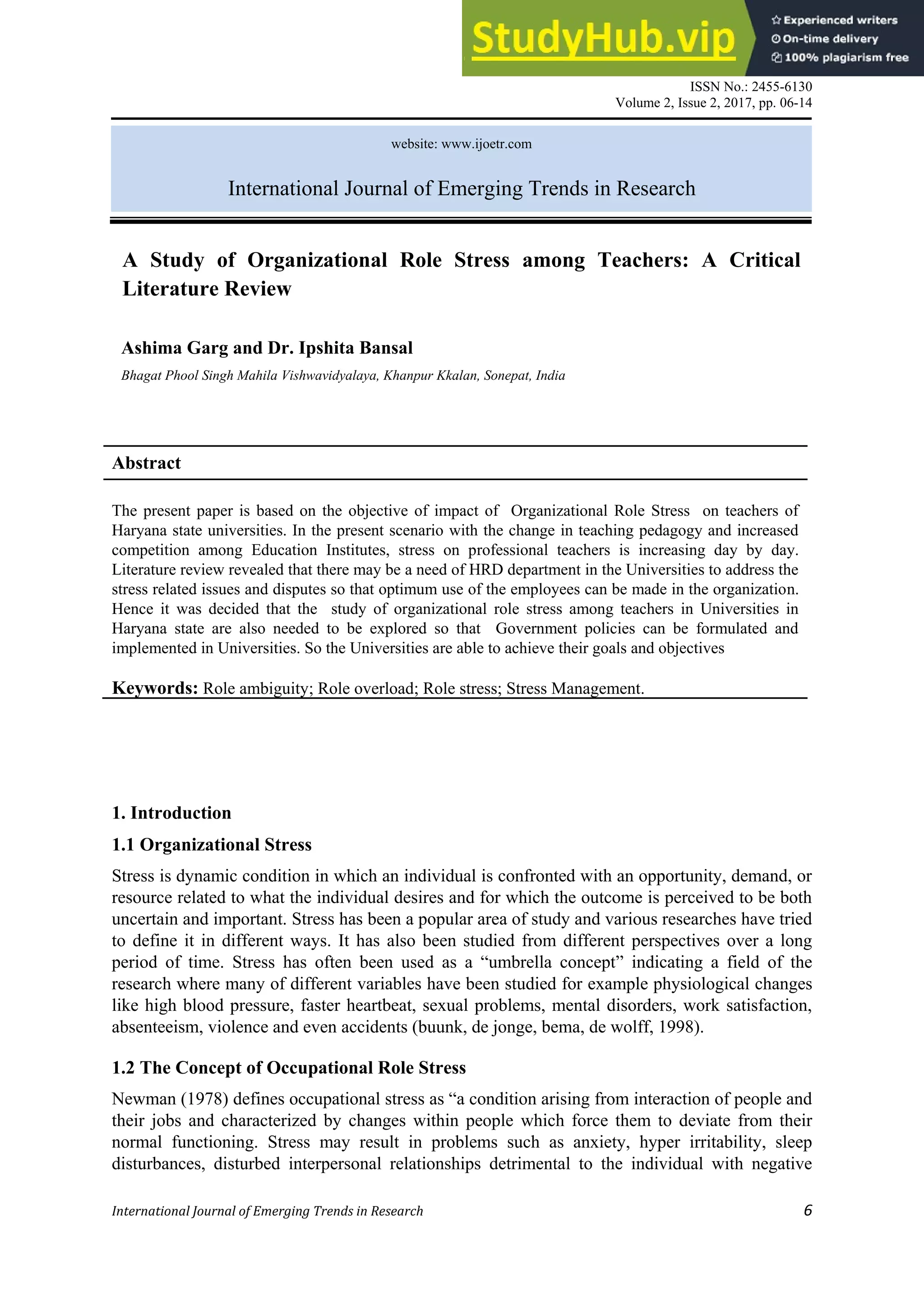 A Study Of Organizational Role Stress Among Teachers A Critical ...
