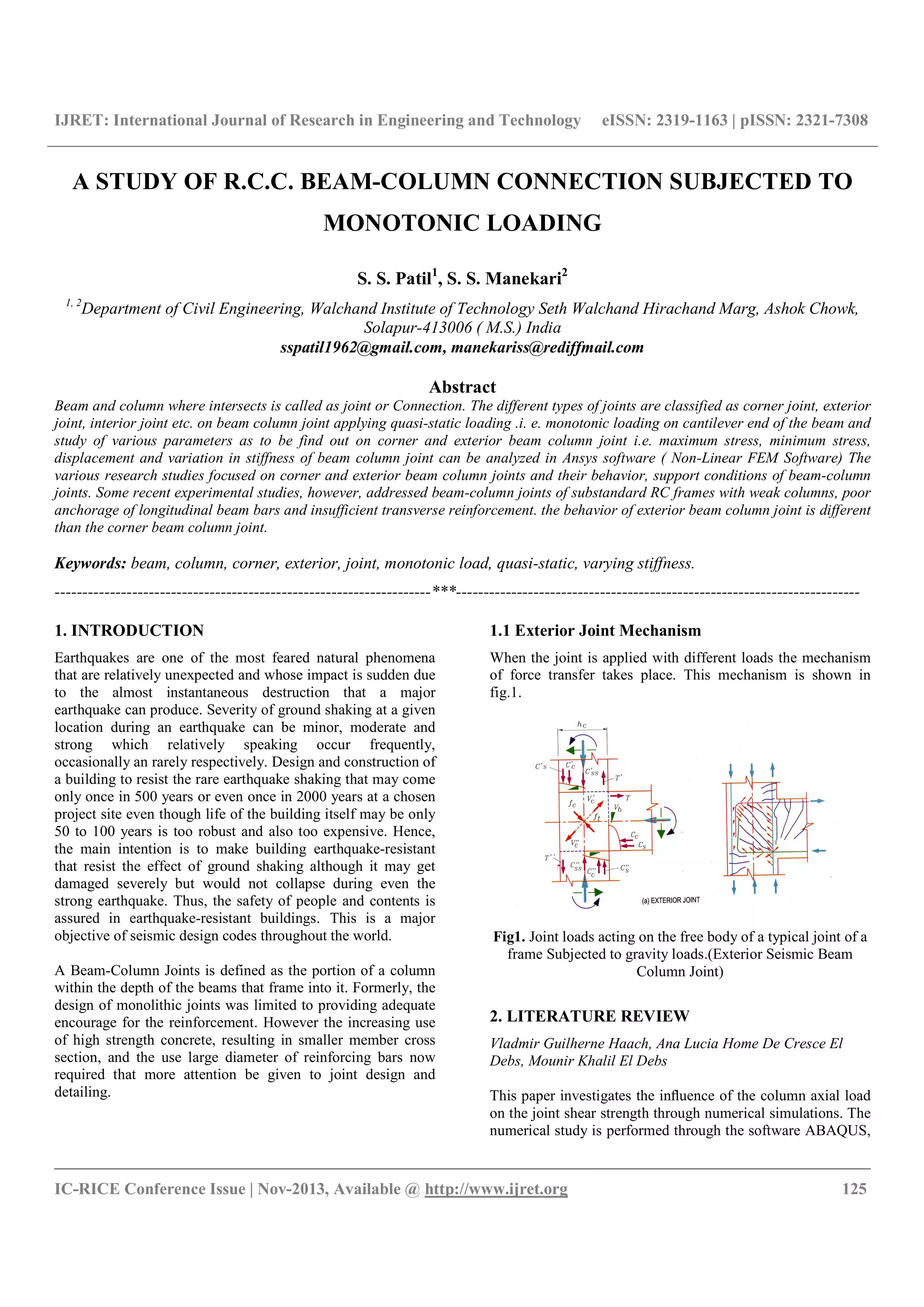 A study of r.c.c. beam column connection subjected to monotonic loading ...