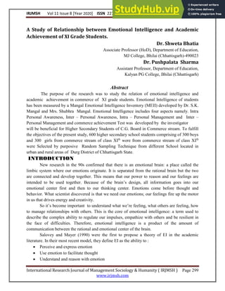 A Study of Relationship between Emotional Intelligence and Academic ...