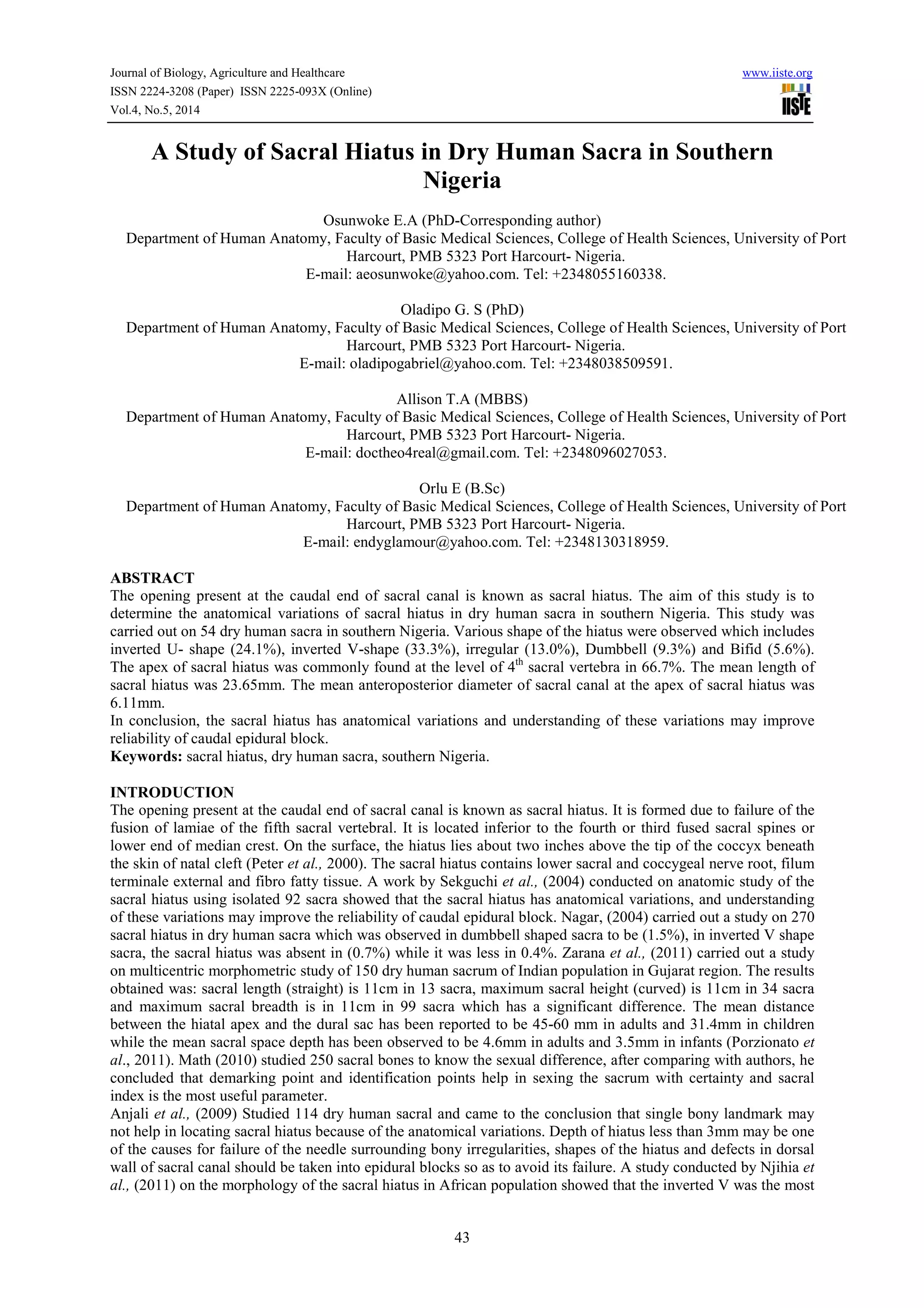 A study of sacral hiatus in dry human | PDF