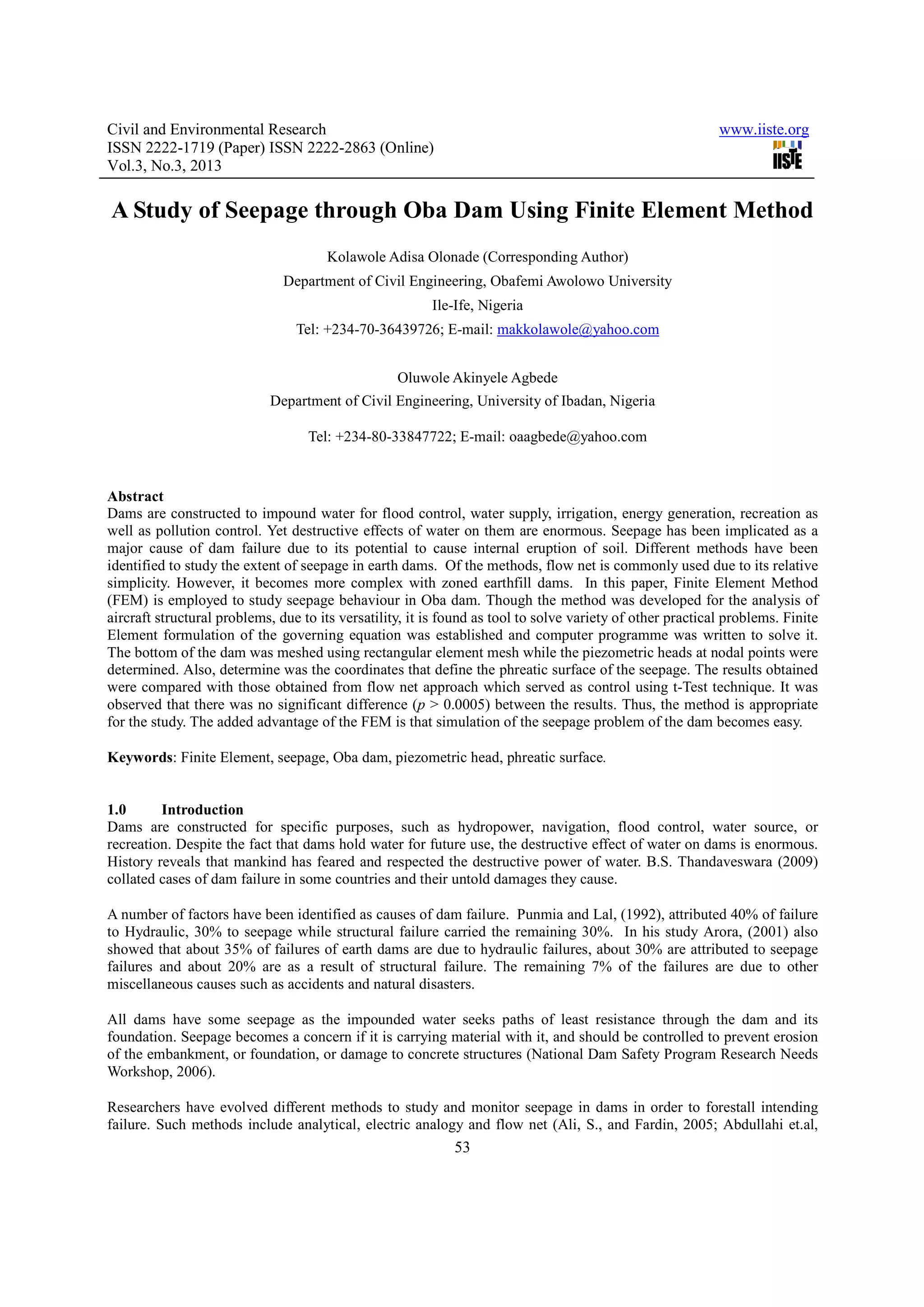 A study of seepage through oba dam using finite element method | PDF
