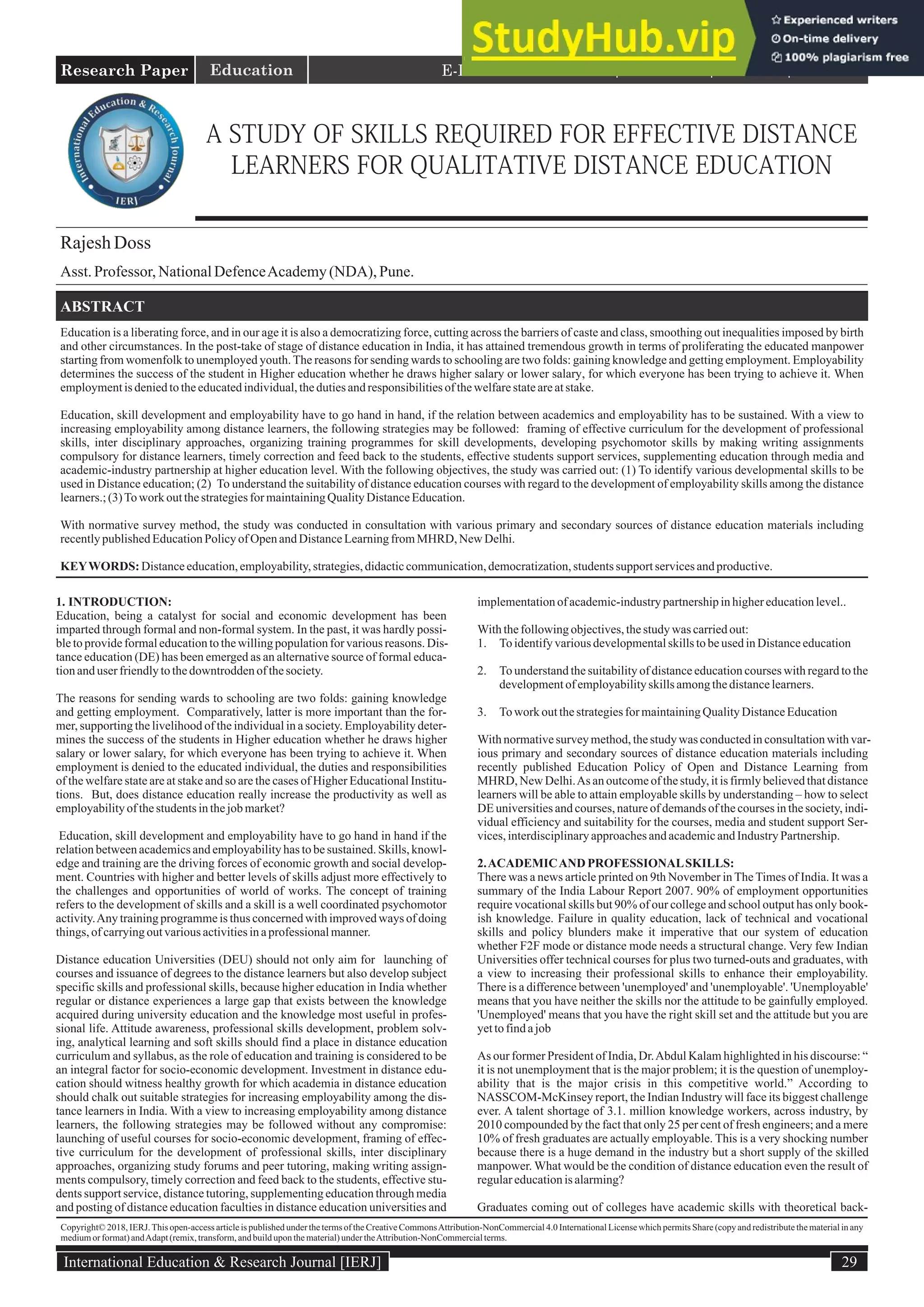 A STUDY OF SKILLS REQUIRED FOR EFFECTIVE DISTANCE LEARNERS FOR ...