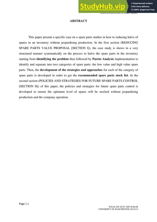 A STUDY OF SPARE PARTS INVENTORY MANAGEMENT CASE STUDY OF REDUCTION ...