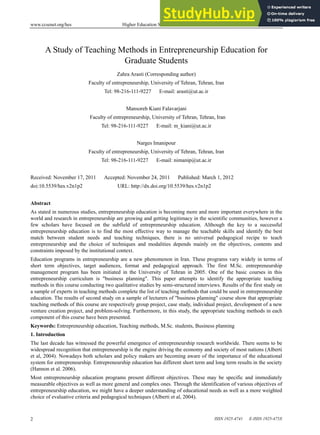 A Study Of Teaching Methods In Entrepreneurship Education For Graduate ...