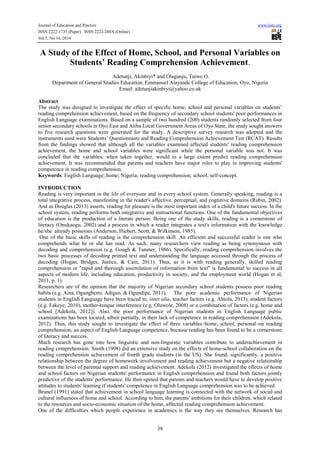 A study of the effect of home, school, and personal variables on students’ reading comprehension ...