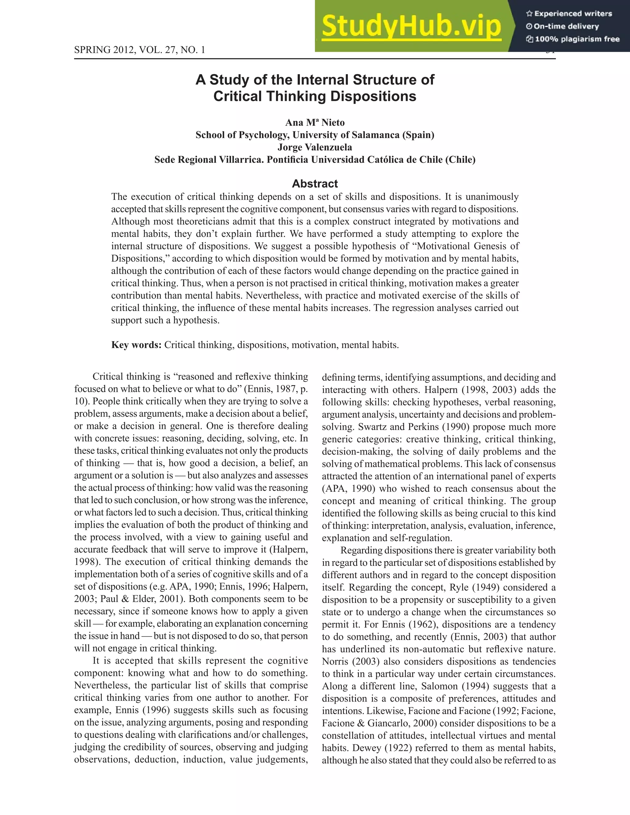 A Study Of The Internal Structure Of Critical Thinking Dispositions | PDF